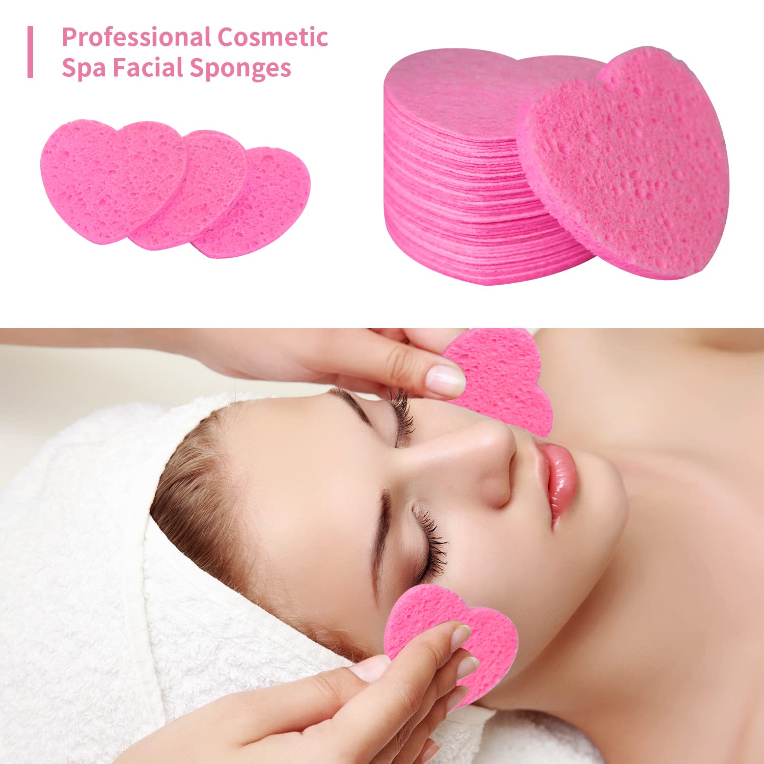 Facial Sponges Compressed Natural Cellulose Sponge Spunspon Round/Heart Shape Face Sponge for Face Cleansing Exfoliating and Makeup Removal 100 Count / 2 - Pack, Pink