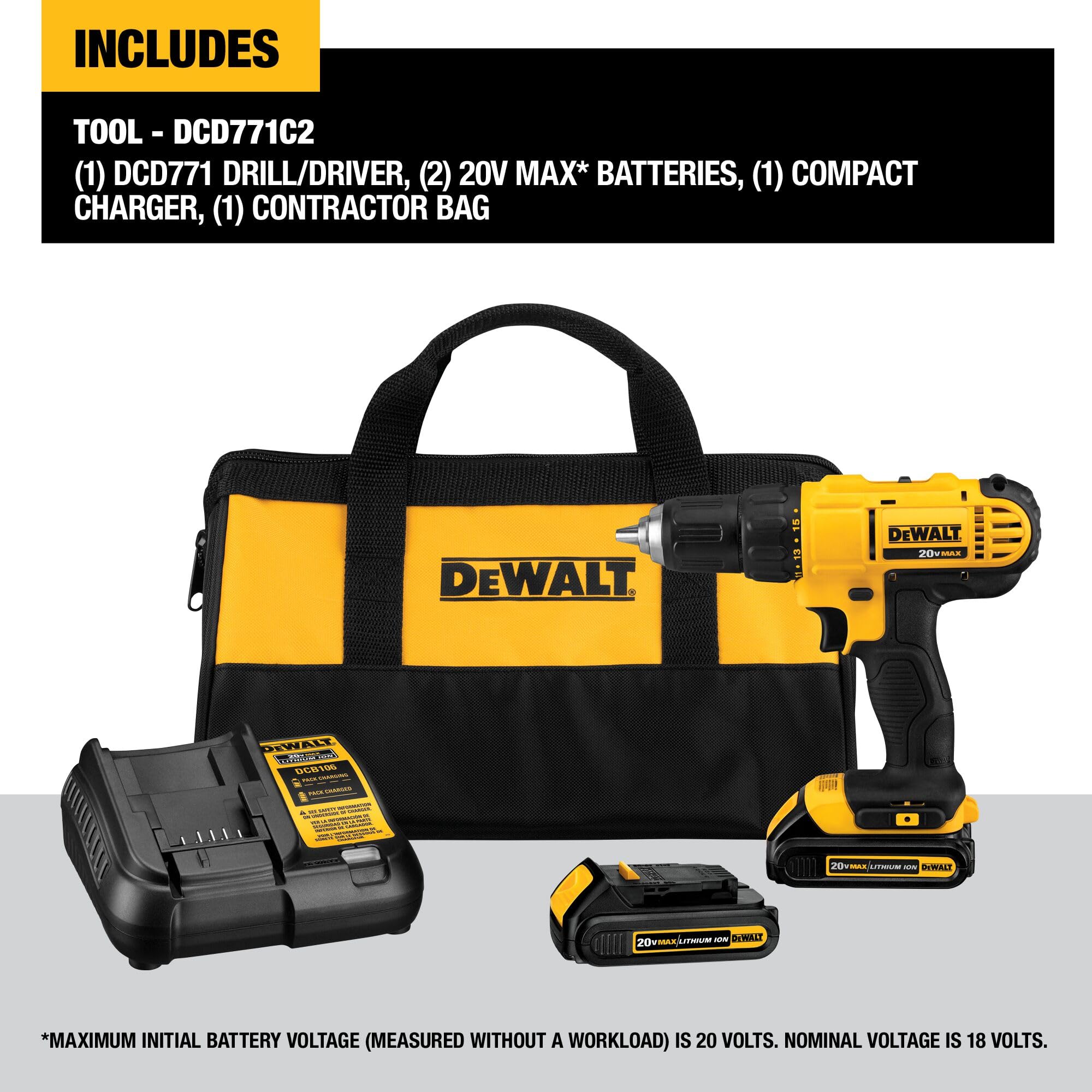 Dewalt DCD771C2 20V MAX Cordless Lithium-Ion 1/2 inch Compact Drill Kit with XR Li-Ion Brushless 0.25" 3-Speed Impact Driver
