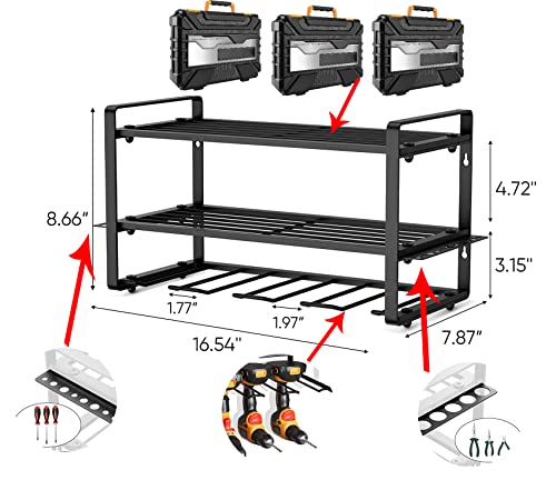 Power tool storage rack, drill rack Wall mounted, Heavy Duty Garage tools Power tool storage, utility for cordless drill in tool room garage, 3-story 120 lb limit, black(17"D x 9.45"W x 8"H Inch)