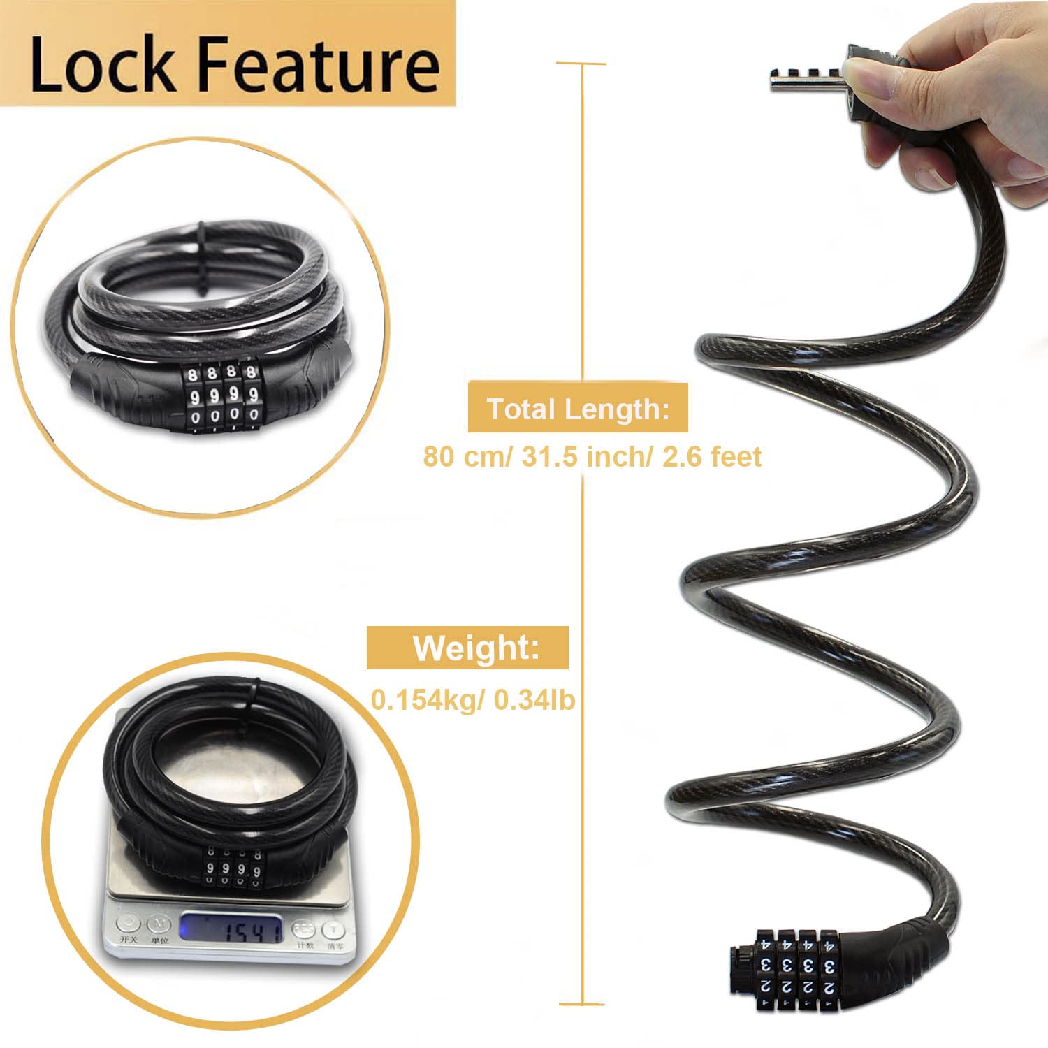 Combination Bike Cable Lock - 4 Digit, 32 inch Long Coiled Security Resettable Cable Lock, Anti-Theft Accessories for Mountain Bike, Road Bike, Electric Bicycle, Kids Scooter