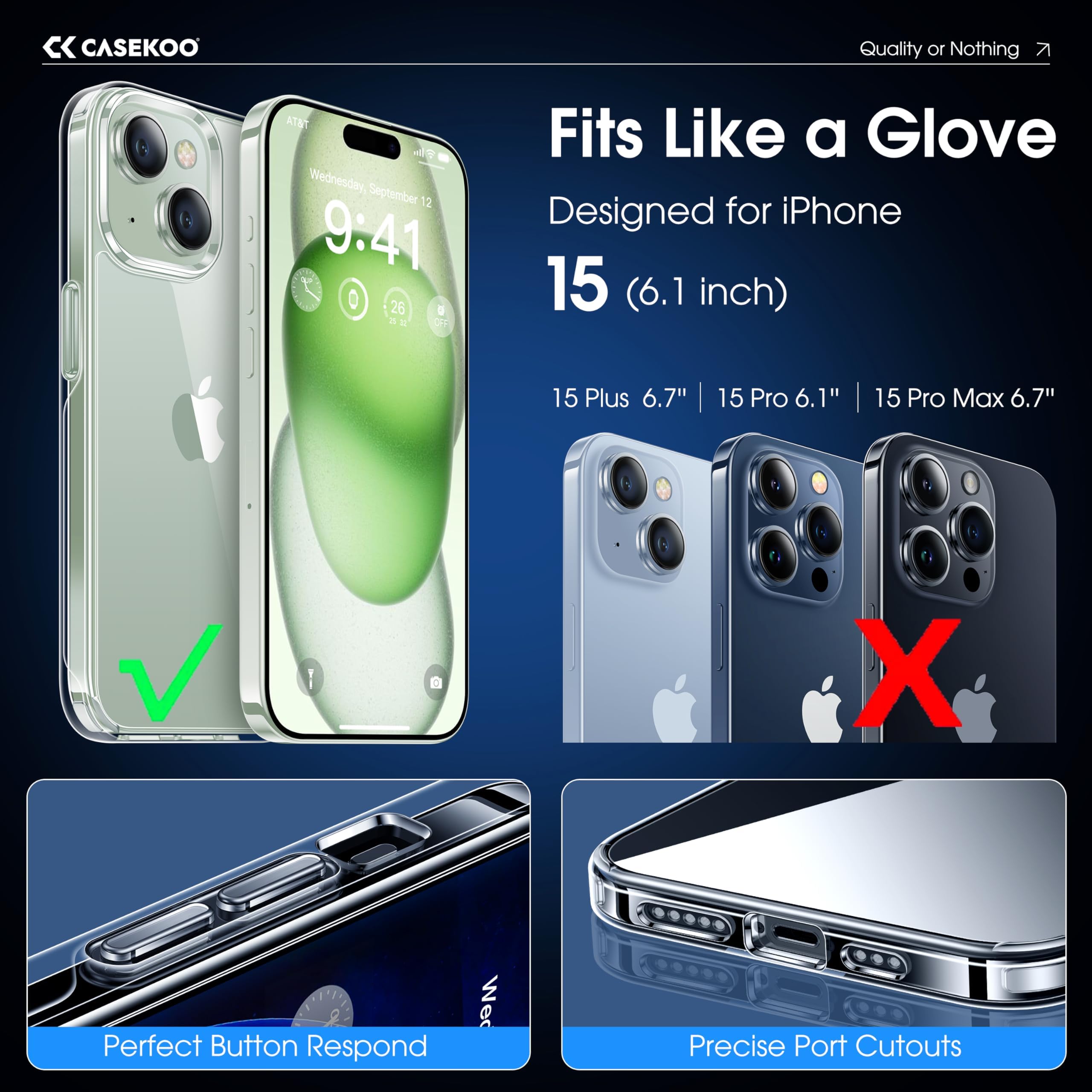 CASEKOO for iPhone 15 Case Crystal Clear, [Never Yellow Technology] [10FT Mil-Grade Protection] Transparent Slim Cover Women Men 15 Phone Case 6.1 Inch 2023, Clear