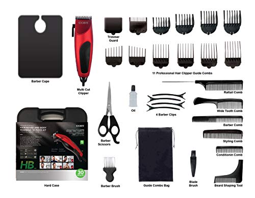 COBY Professional Grade Full Barber Style Clipper 30 Piece Kit for Hair, Beard & Body In A Travel Case