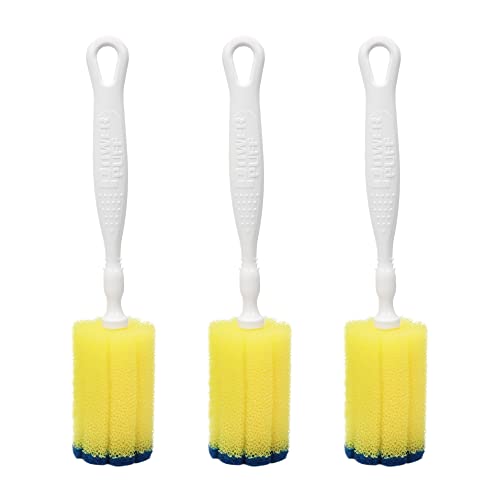 PowerPuff USA Made Reusable Baby Bottle Brush, Cleaning Sponge & Scrubber — 10" Long Handle to Scrubber — Baby Bottle, Water Bottle, Tumbler, Glass & Dish Sponge & Dish Scrub Brush — Pack of 3