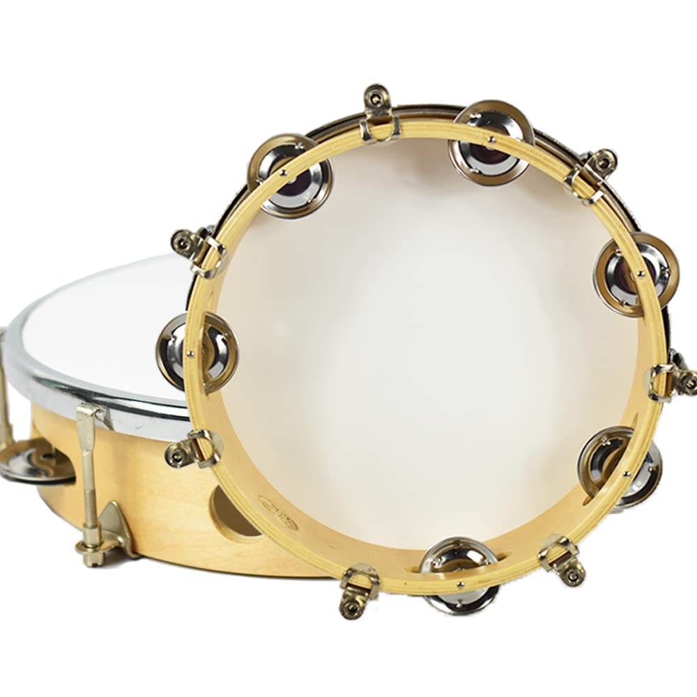 ENNBOM Tambourines for Adults Hand Held Ring Bell Adjustiable Metal Jingles Wood Frame Hand Drum (10")