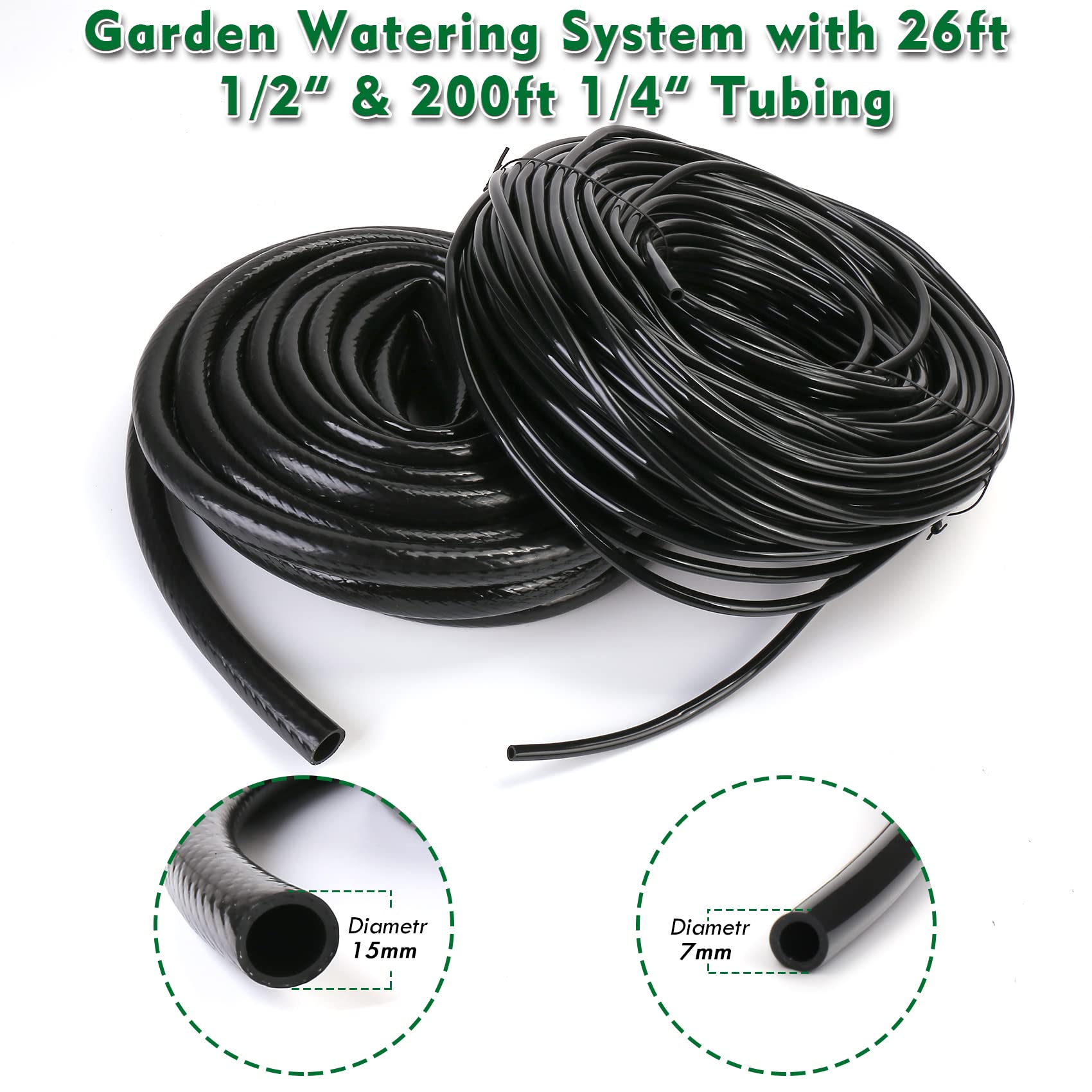 Flantor Drip Irrigation Kit, Irrigation System Garden Watering System with 26ft 1/2 inch and 200ft 1/4 inch Blank Distribution Tubing, Automatic Drip Irrigation with 6-Way Connector and Adjustable