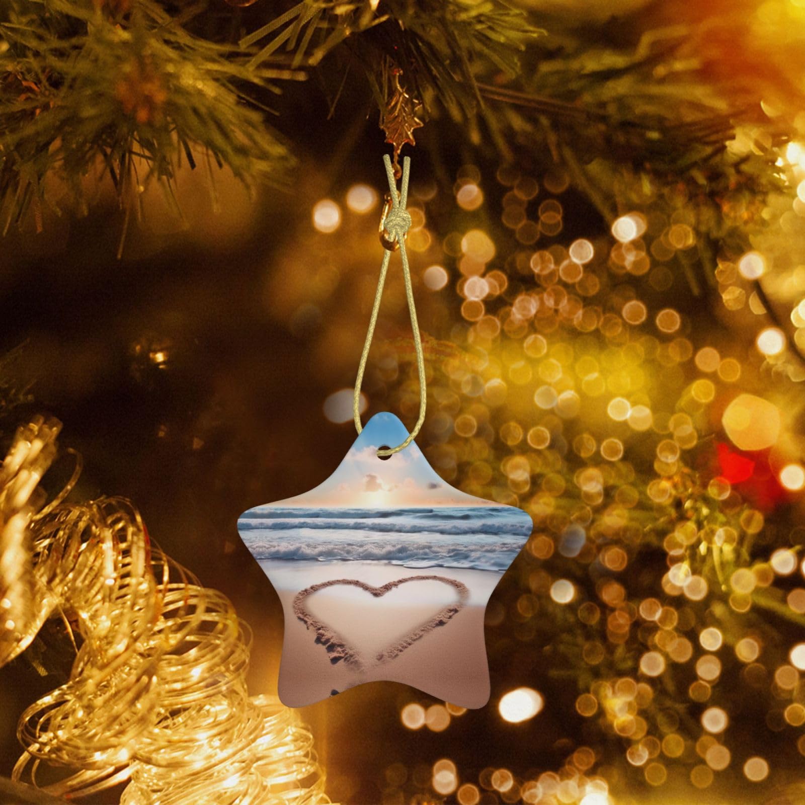Christmas Tree Ceramic Hanging Star Shape Ornaments Heart Shape Romantic Beach Printed Christmas Ornaments with Gold Ribbon Ceramic Hanging Crafts for Xmas Holiday Party Decorations