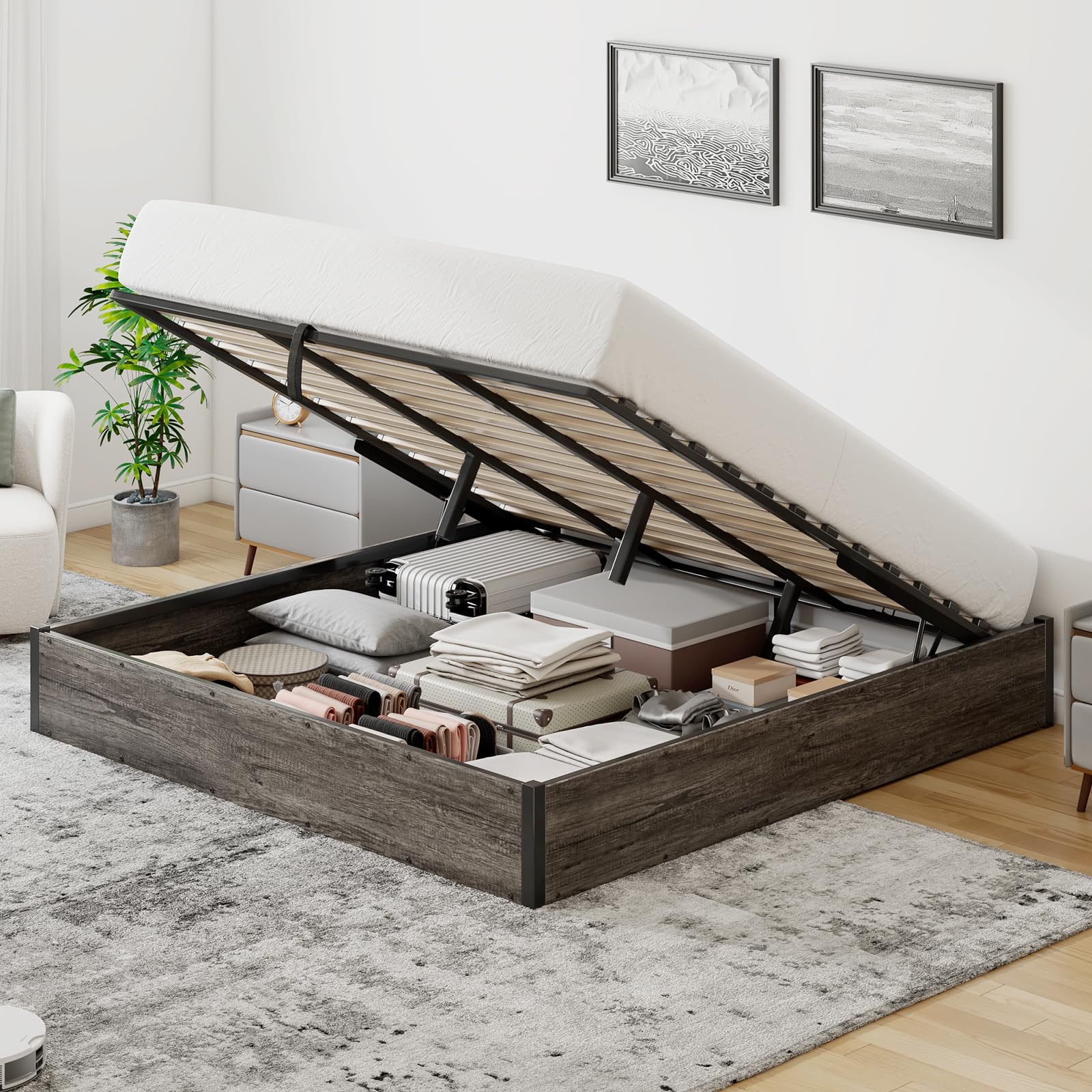 LUXOAK Queen Size Lift Up Storage Platform Bed Frame, Metal Bed Frame with Wooden Slats Support, No Box Spring Needed, Large Storage Space, Noise Free, Easy Assembly, Rustic Brown