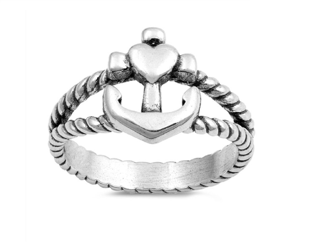 CloseoutWarehouse 925 Sterling Silver Cross Heart and Anchor Rope Ring Size 7