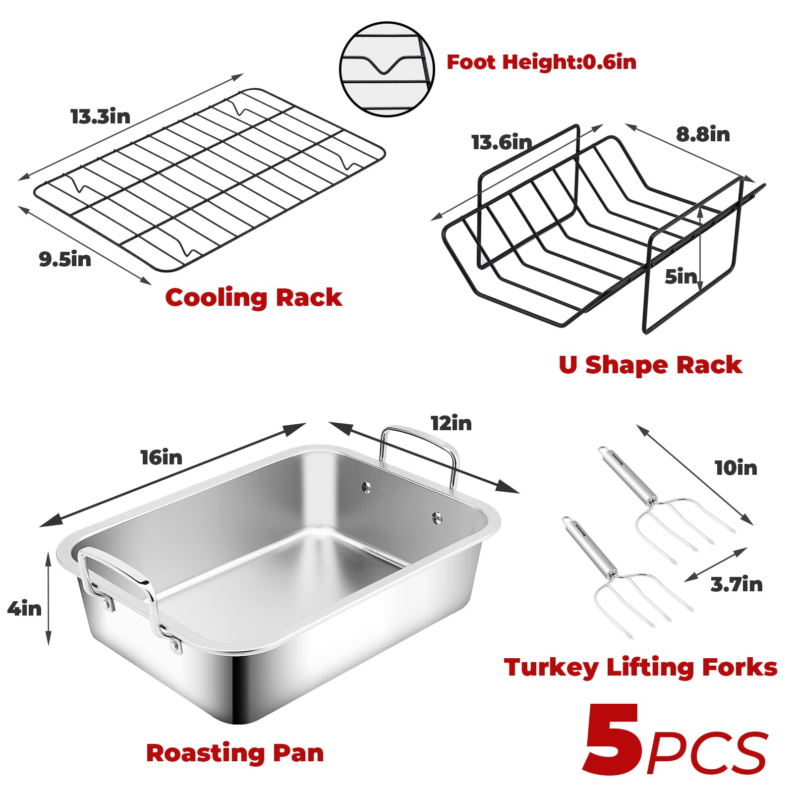Hillbond Stainless Steel Roasting Pan with Rack 16 Inch Turkey Roaster Pan with U-Shaped Rack Flat Rack Turkey Lifting Forks for Turkey, Chicken, Vegetables Set of 5