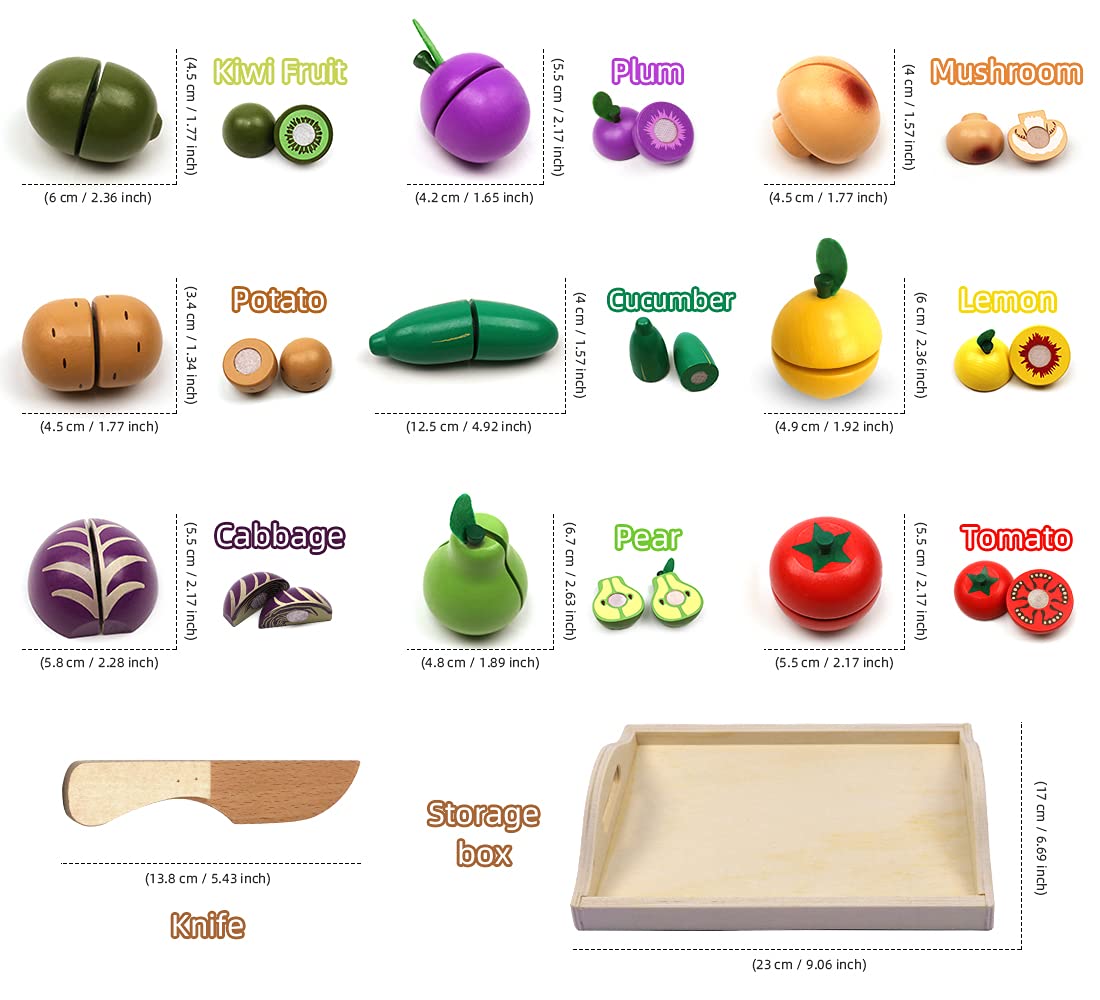 Wooden Cutting Fruit Vegetables Set for Kids - Pretend Play Food Toy Set with Wooden Knife and Tray Learning Toys for Toddlers (Fruit-E)