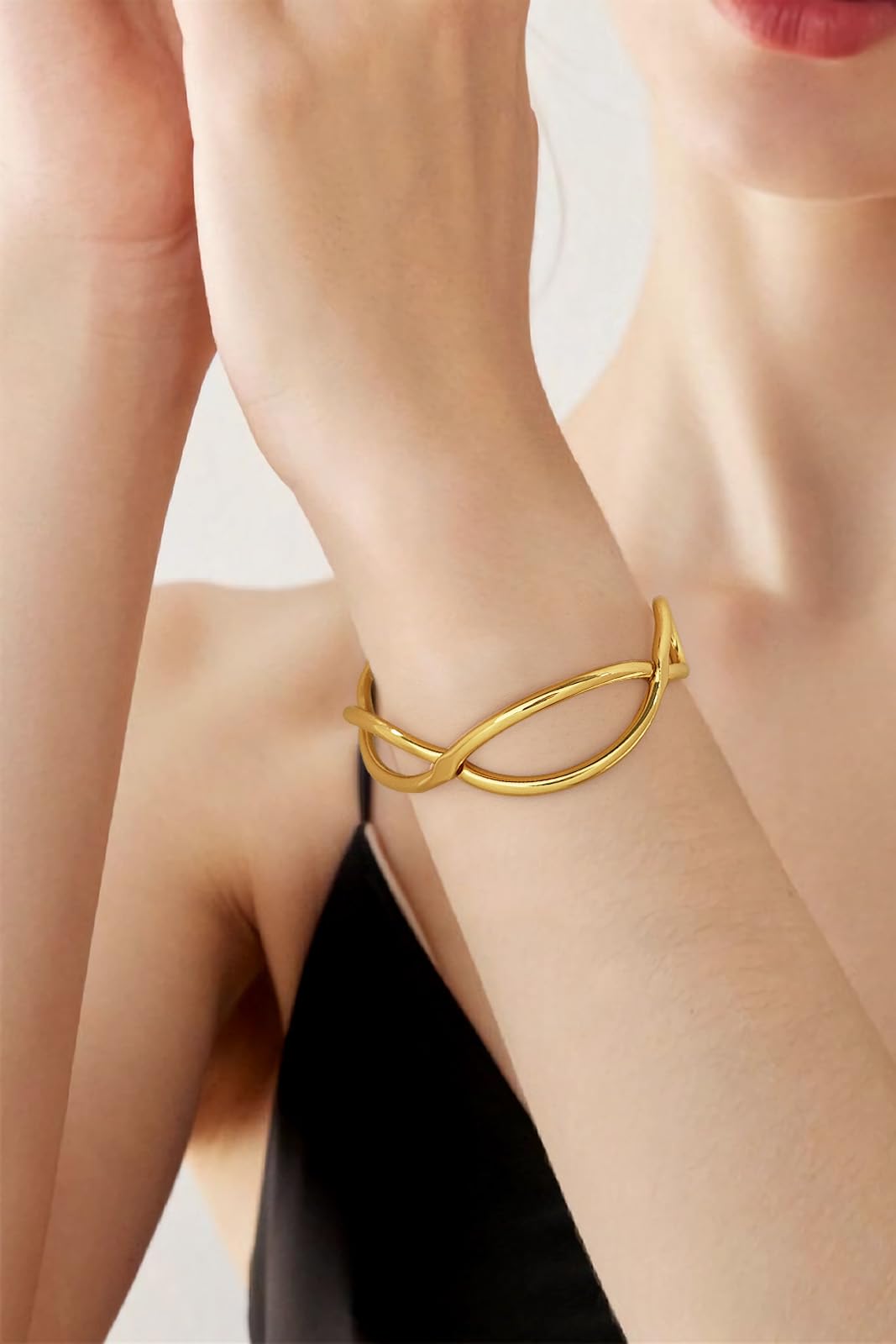 ENSKEFEN Two-Tone Cuff Bracelet for Women Dainty Teardrop Open Bangle Gold Plated Adjustable Cuff Bracelet