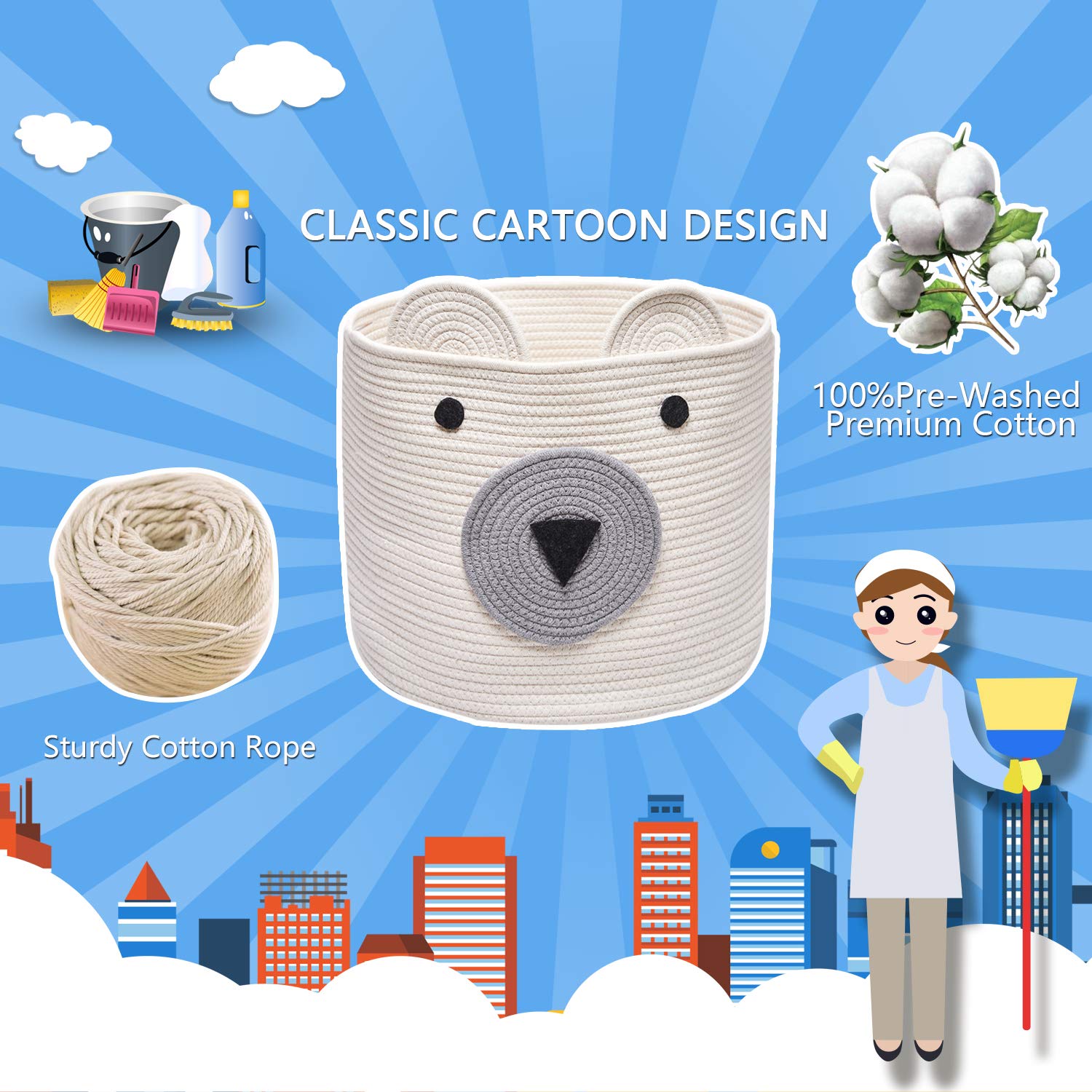 COMEMORY Cotton Rope Storage Basket with Cute Bear Design Foldable Woven Laundry Basket with Large Capacity Decorative Basket Organizer for Toys, Blanket, Towels, Clothes, 16"(D) x 14"(H)