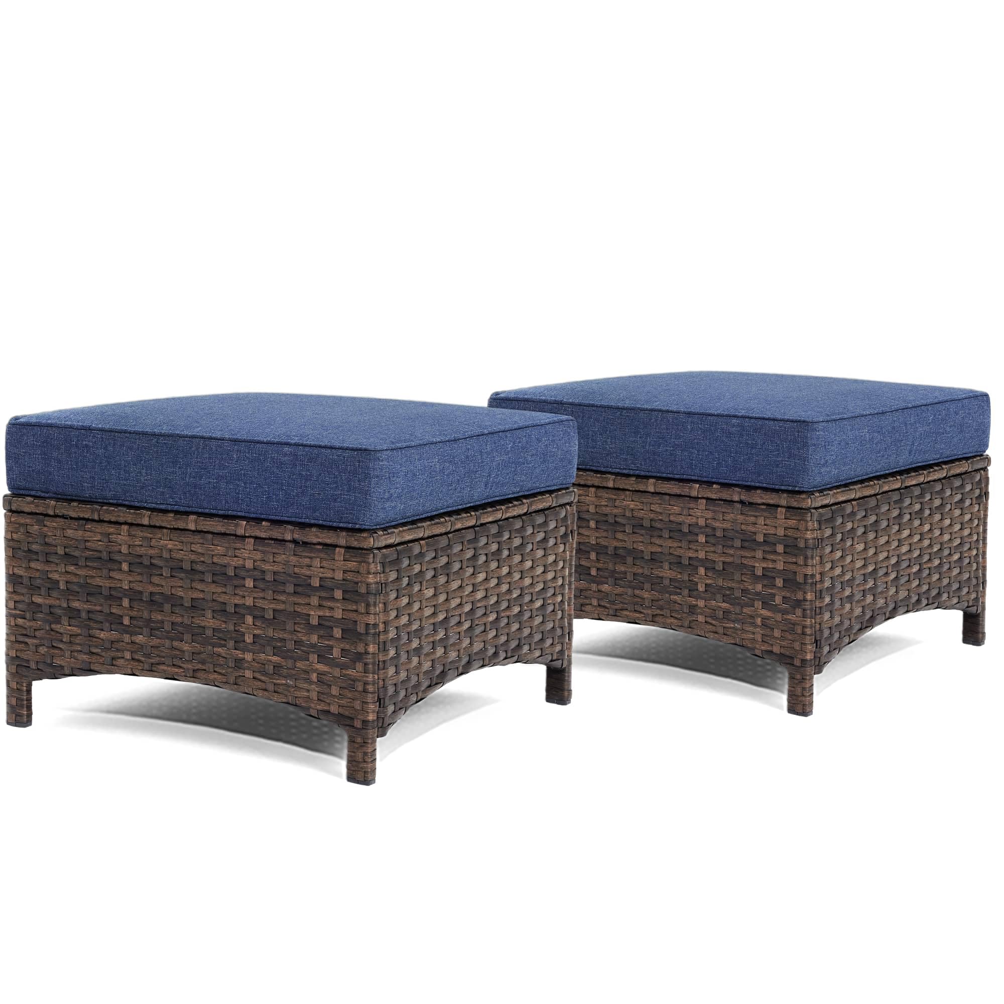 HILLGA Luxury 2PCS Patio Ottomans Footrest, Premium Wicker Steel Frame Outdoor Fabric, Comfortable Cushions, for Garden, Patio, Backyard and Deck(Rice White)