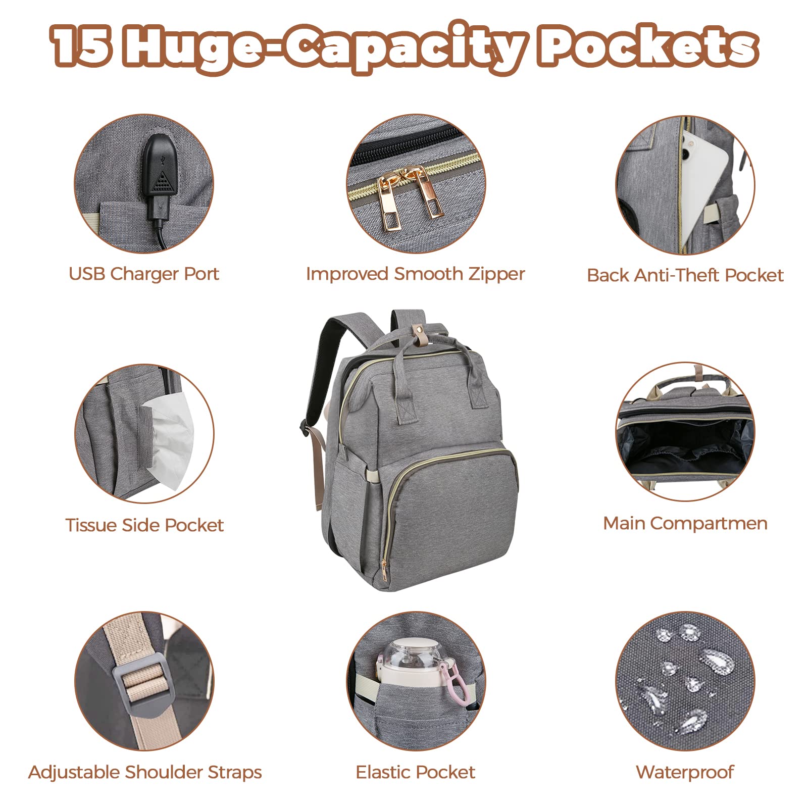 Hiyibo Diaper Bag Backpack with Changing Station, Large Capacity Multifunction Baby Bag with Portable Changing Pad, Waterproof Travel diaper bag with Stroller Straps, Baby Registry Search(Grey)