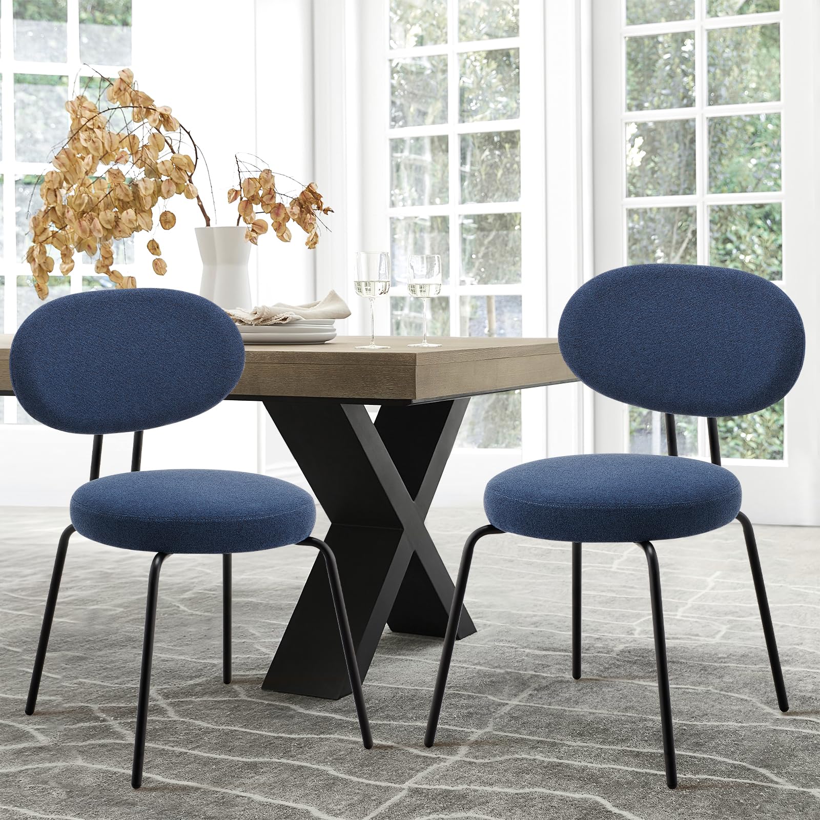 COLAMY Upholstered Fabric Dining Chairs Set of 4, Mid Centry Modern Dining Room Kitchen Side Chairs with Round Seat, Curved Backrest, and Sturdy Black Metal Legs, Cream