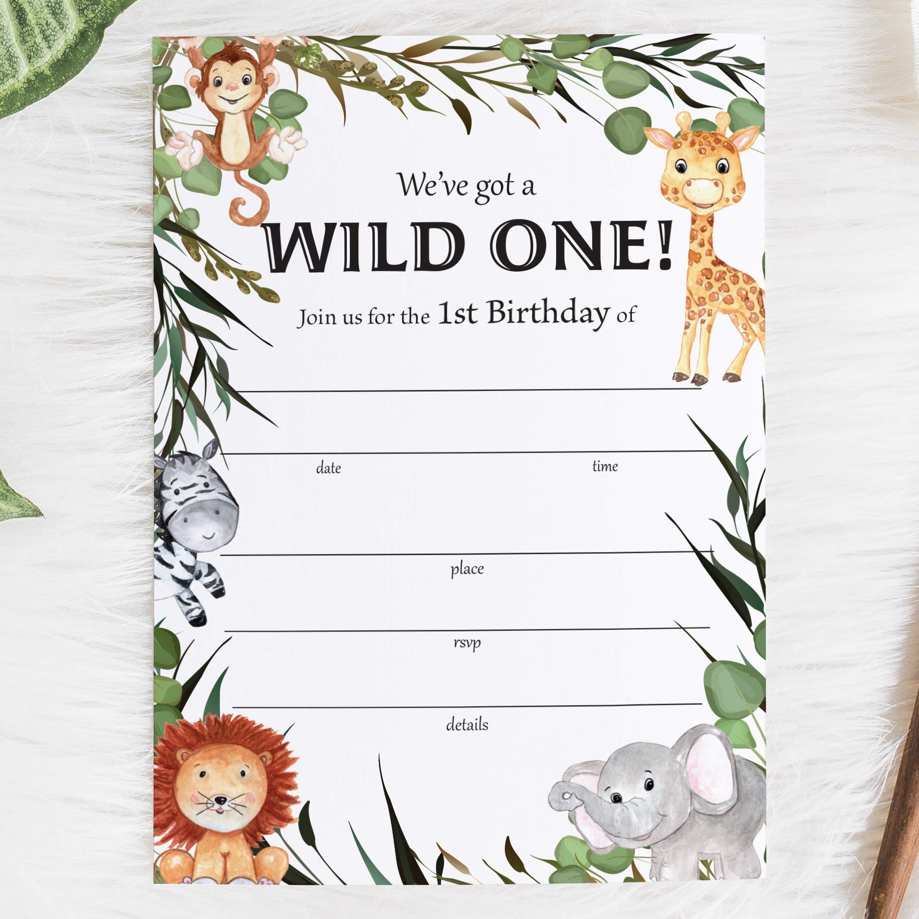 Moonrise Papery SET OF 25 Safari 1st Birthday Party Invitations, Wild One Invitations with Envelopes, Jungle Theme, Lion, Elephant, Giraffe, Zebra, Monkey Birthday Party Invites