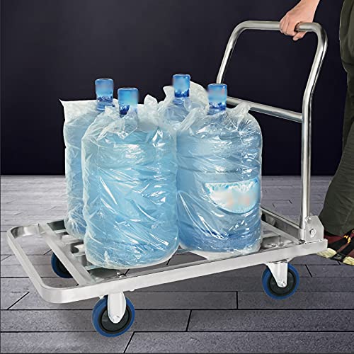 Flatbed Hand Cart Foldable Hand Truck Heavy Duty Stainless Push Cart Flatbed Trolley with Hollow Out Platform for Luggage Baggage Moving Transport Heavy Duty Flatbed Cart (Size : 60 * 90)