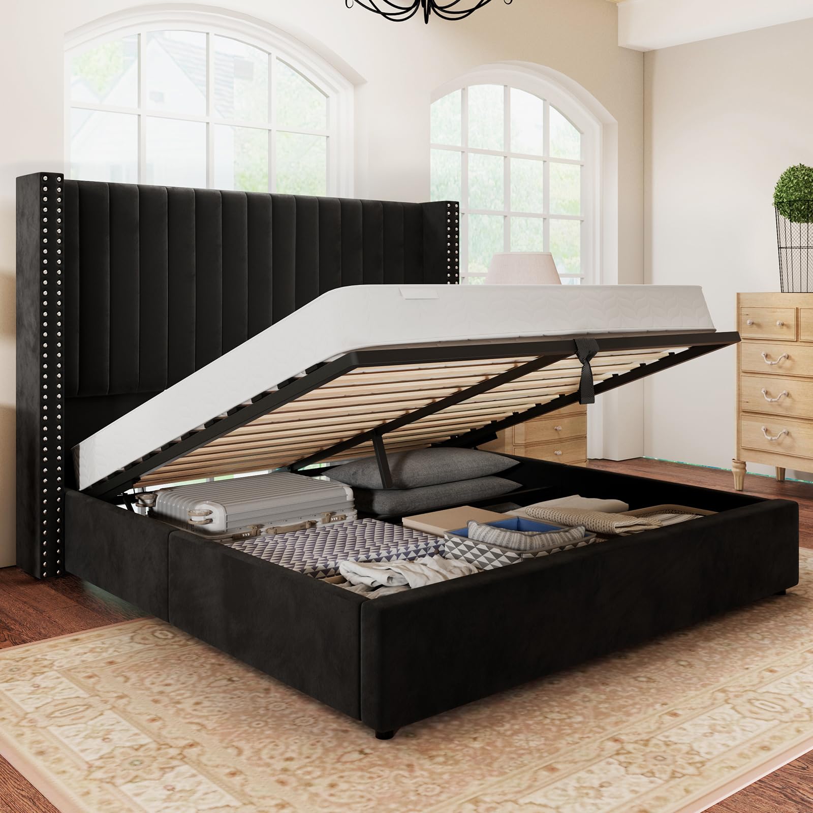 Jocisland Lift up Storage Bed Frame Queen Size, Upholstered Platform Bed Velvet with Channel Tufted Wingback Headboard, No Box Spring Needed, Cream