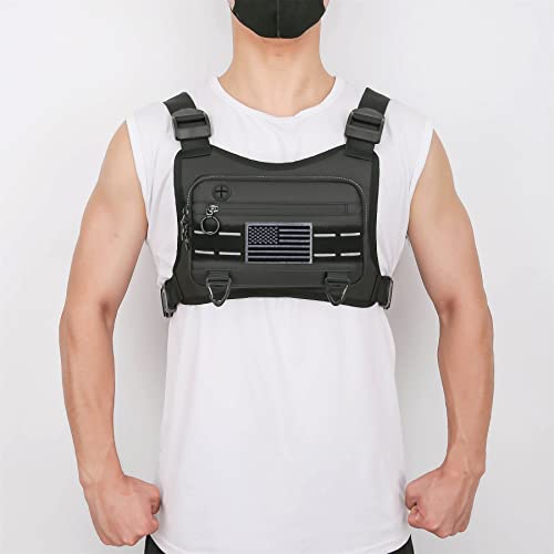 Muserise Sports Chest Bag For Men Women, Water Resistant Lightweight Front Chest Pack, Running Vest Bag With Built-In Phone Holder & Extra Storage For Workouts, Running, Cycling (Black)