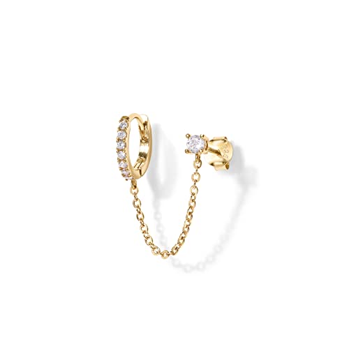 PAVOI 14K Yellow Gold Chain Earrings for Women | Double Piercing Dangle Chain Huggie Hoop Earrings | Cubic Zirconia Pearl Stud Earrings for Women (Single)