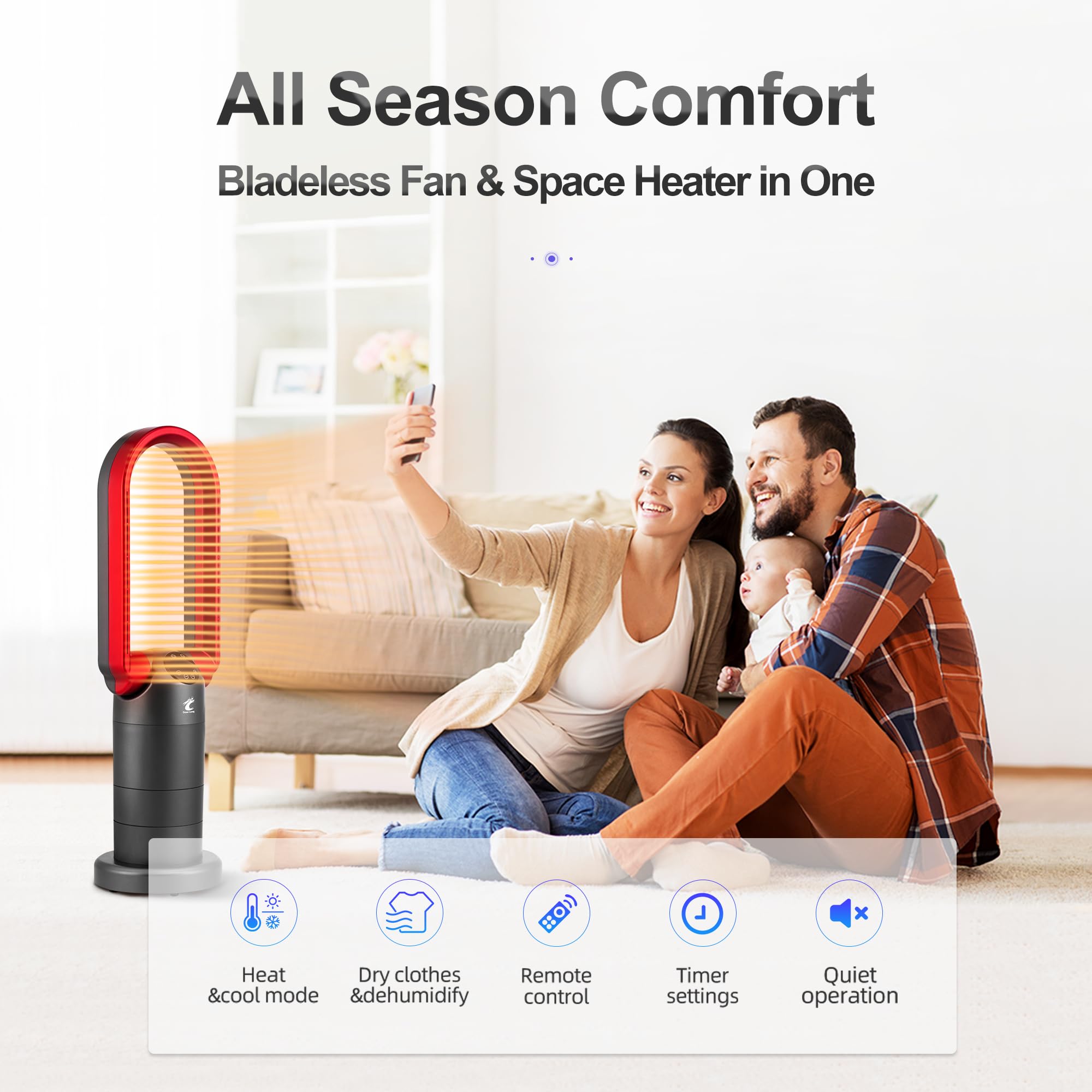 OceanLoong Bladeless Fan & Space Heater in One, Tower Fan for Bedroom Home,1500W Electric Heater with Adjustable Thermostat, Tip-Over Switch, Remote, Timer, Oscillating Table Fan, 29inch Red