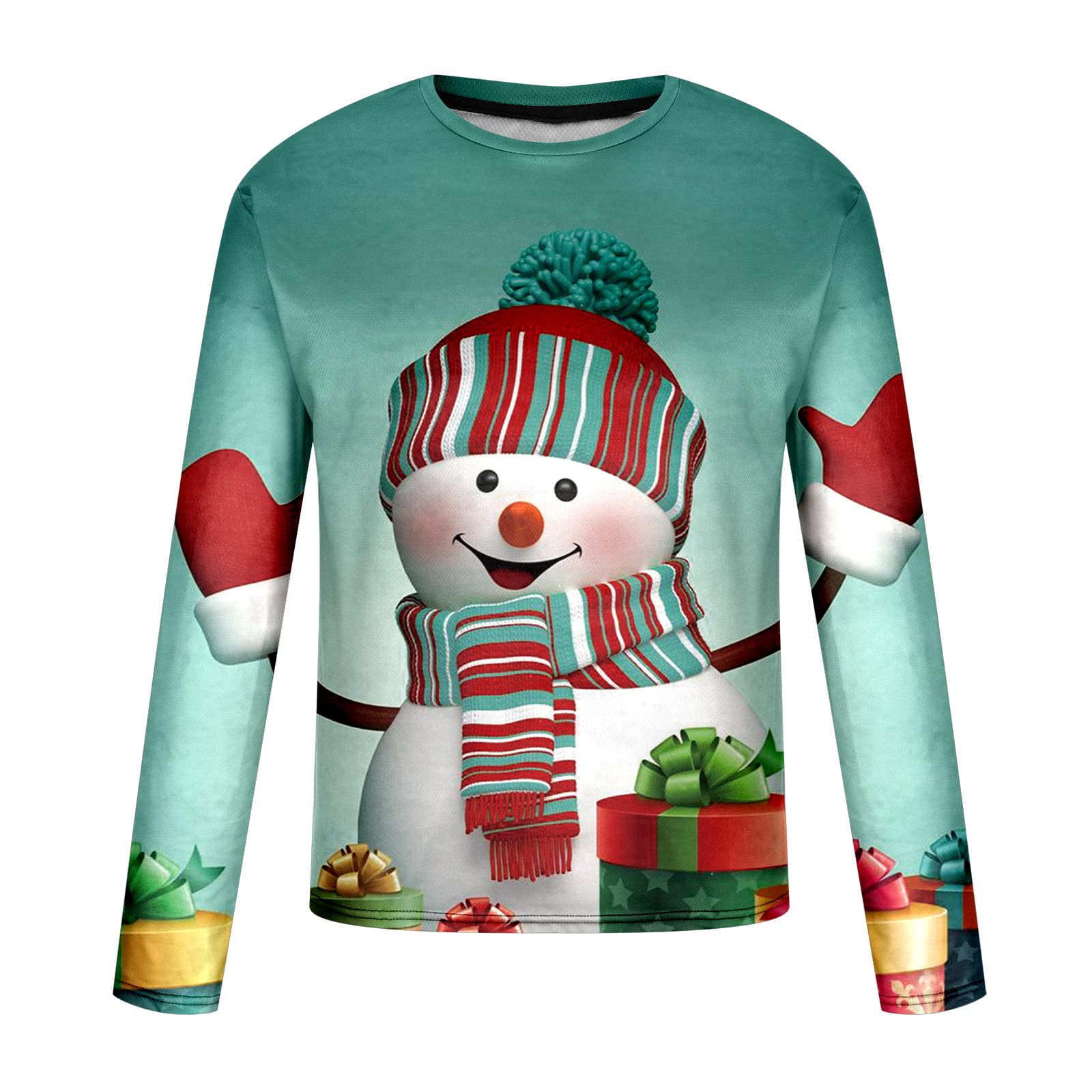 Christmas Shirts For Men Long Sleeve Ugly Xmas Santa Snowman Sweater Crew Neck Loose Fit Sweatshirt Holiday Pullover Sky Blue