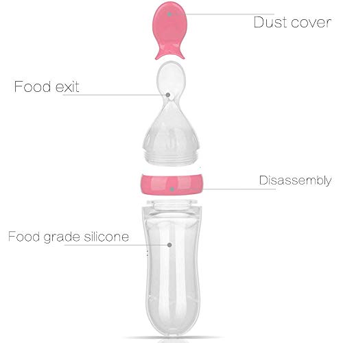 Silicone Squeeze Bottle Spoon Baby Feeding Cereal, Rice, Supplement with Dispensing Feeder, Food Dispensing Spoon, Infant Newborn Toddler Food Supplement Set- 90ml Pink