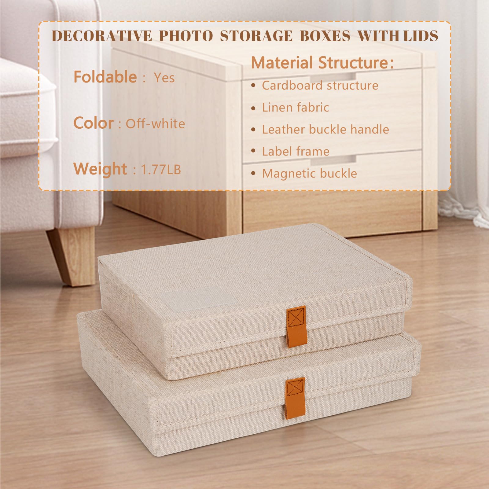Flenpptly Photo Storage Box with Lids Decorative Storage Boxes Memory Box with Business Card Frame, Set of 2 Linen Storage Box Suitable for Pictures, Envelope, Scrapbook Supplies (Large+Small)
