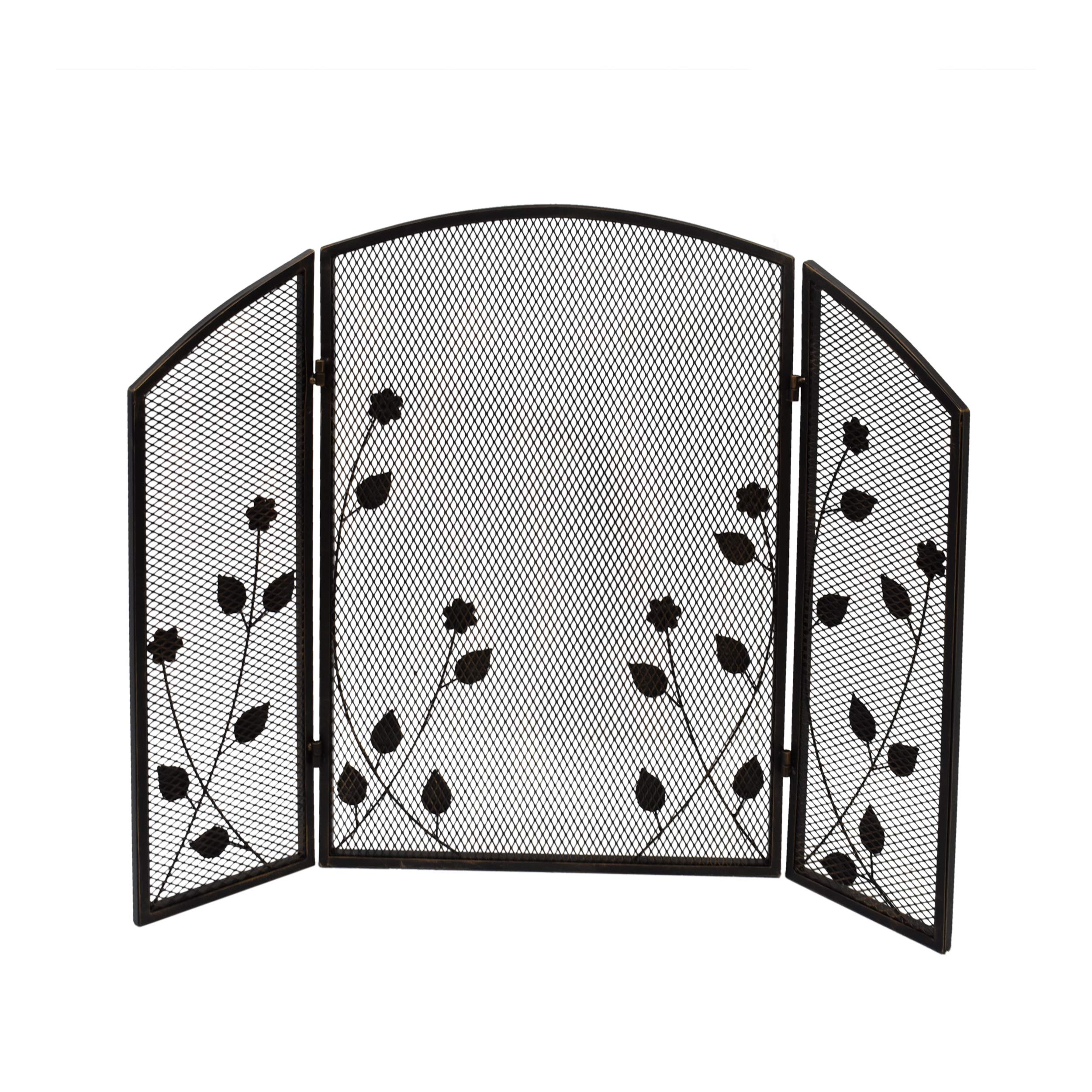 Christopher Knight Home Jenna Modern Iron Firescreen with Leaf Accents, Black Gold Finish