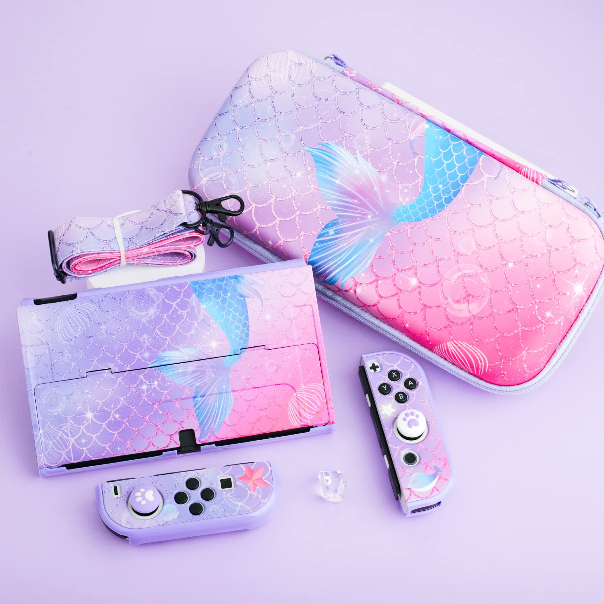 FANPL Case bundle for Nintendo Switch OLED Accessories, Cute Carrying Case for Switch OLED and Joy Con with Hard Flip Protective Cover and Screen protector, 2 Thumb Grips, Shoulder Strap (Purple)