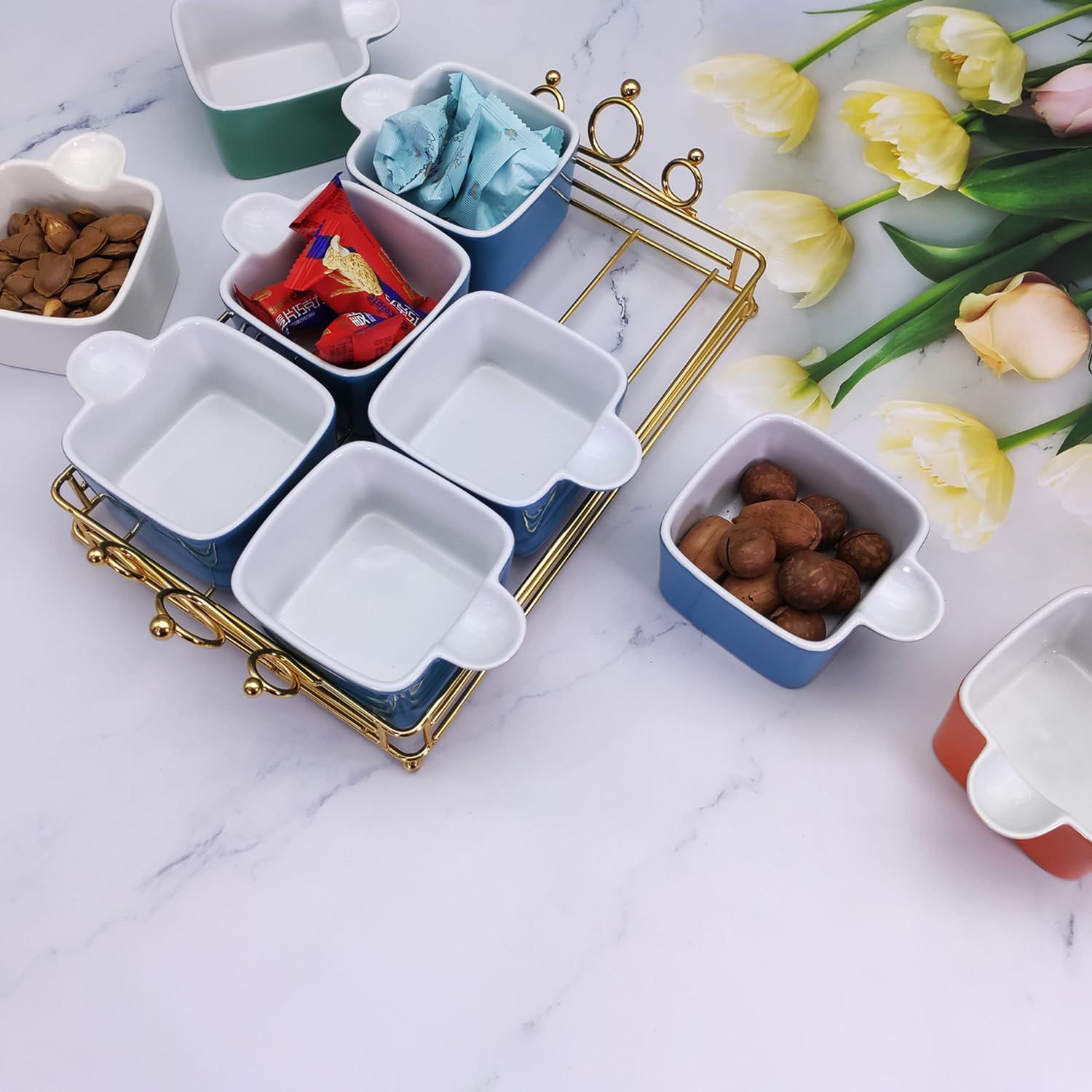 Creativity Home Ceramic With Handle Bowl Metal Tray, 6 Removable dip bowls are used for appetizers, potato chips, fruits, candies, and condiments,birthday parties Holiday, White 6- grid