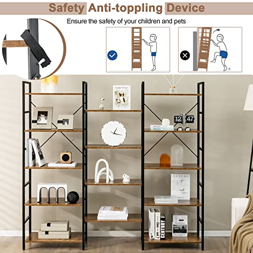 Giantex Triple 5-Tier Industrial Bookshelf- Freestanding Metal Frame Ladder Bookcase with 14 Open Shelves, Wooden Large Display Open Shelving for Living Room Home Office Study, Rustic Brown