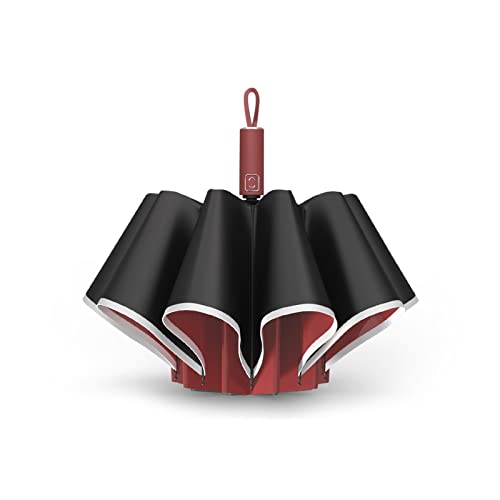RainBOSS Automatic Travel Umbrella with 10 Ribs, Large Windproof Umbrellas for Rain & Sun, Compact Folding Inverted Umbrella with Reflective Stripe, Wine red