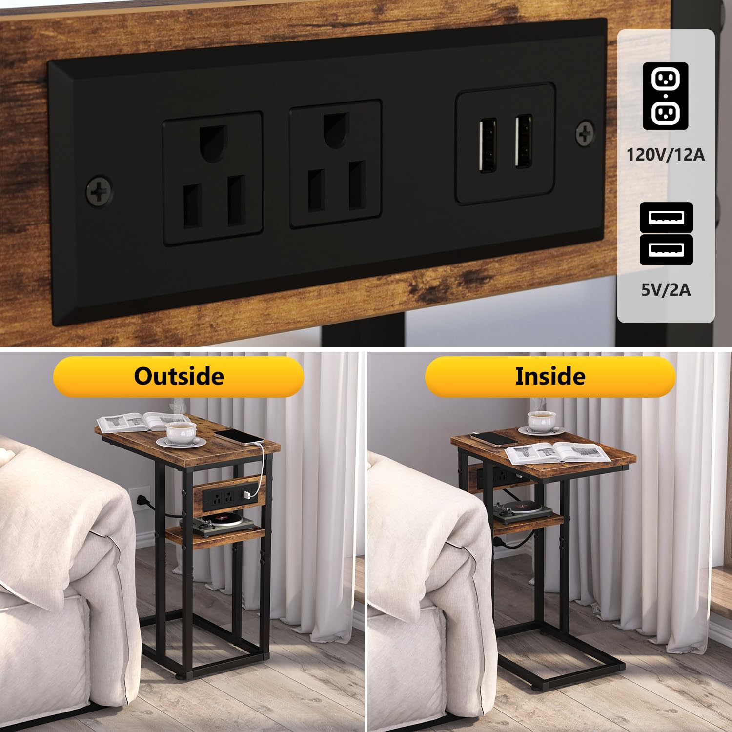 C Shaped End Table with Charging Station, 2 Tier Sturdy C Shaped Side Table Bedside Tables with Metal Frame for Living Room Bedroom, C Shaped Sofa Couch Table Snack Table Coffee Table, Rustic Brown