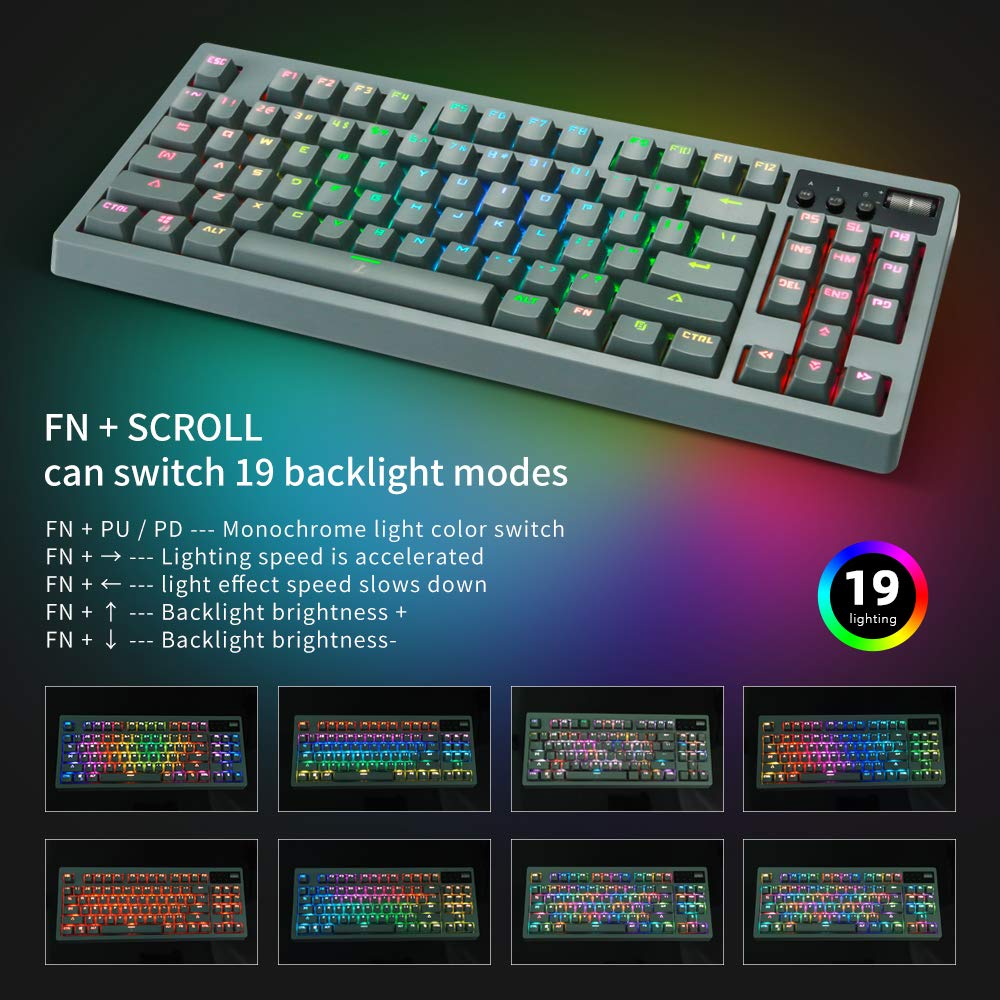 ZJFKSDYX MK87 Wireless Mechanical Gaming Keyboard and Mouse, RGB Backlit Rechargeable 3600mAh Battery, Mechanical Switch Anti-ghosting Keyboard + 7D 3200DPI Mice for PC Gamer (Blue Switch, Silver).