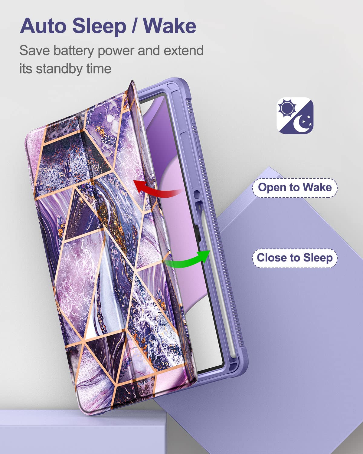 ONPINT Leather Case for Samsung Galaxy Tab S8 Plus/ S7 Plus/ S7 FE 12.4-inch, Built-in Screen Protector Folio Tablet Cover Magnetic Trifold Stand with S-Pen Holder for Women Men Cute, Lavender