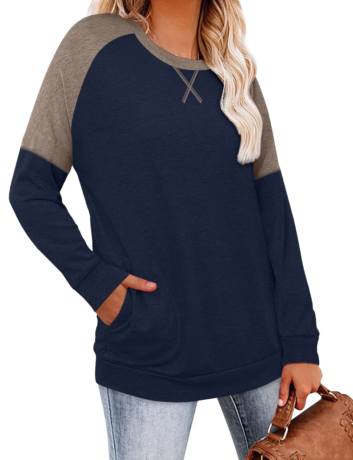 CRAZY GRID Ladies Long Sleeve T Shirt with Pockets Color Block Loose Crew Neck Casual Sweatshirt Blue Brown X-Large