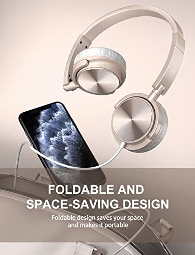 Nasuque Headphones with Microphone, Foldable Wired Headphones with Deep bass, Adjustable Headband and Noise Isolation for Smartphone Computer Laptop Chromebook MP3/4, (Gold)