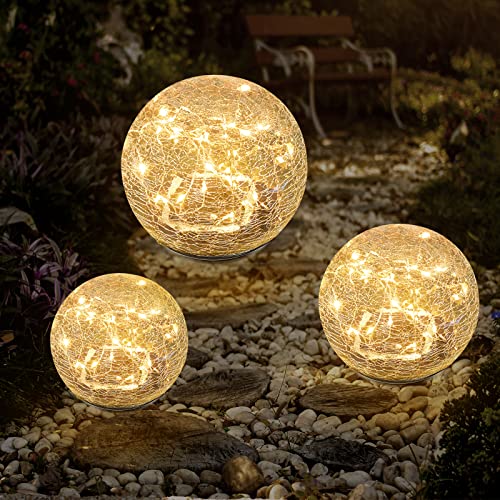 Garden Solar Lights Cracked Glass Ball Waterproof LED for Outdoor Decor Decorations Pathway Patio Yard Lawn, Warm White 2 Globe (5.9”)