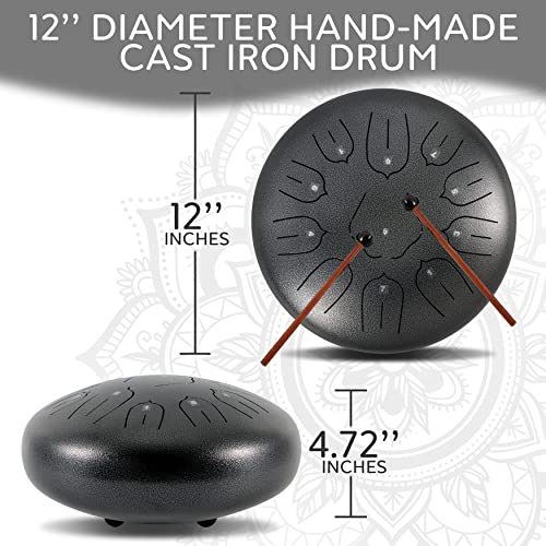 Premium Cast Iron Steel Tongue Drum 12โ 11 Notes, C Major Drum Percussion for Meditation Yoga Musical Education with Mallets and Finger Picks Best Gift for Adults and Beginner Children, Gray