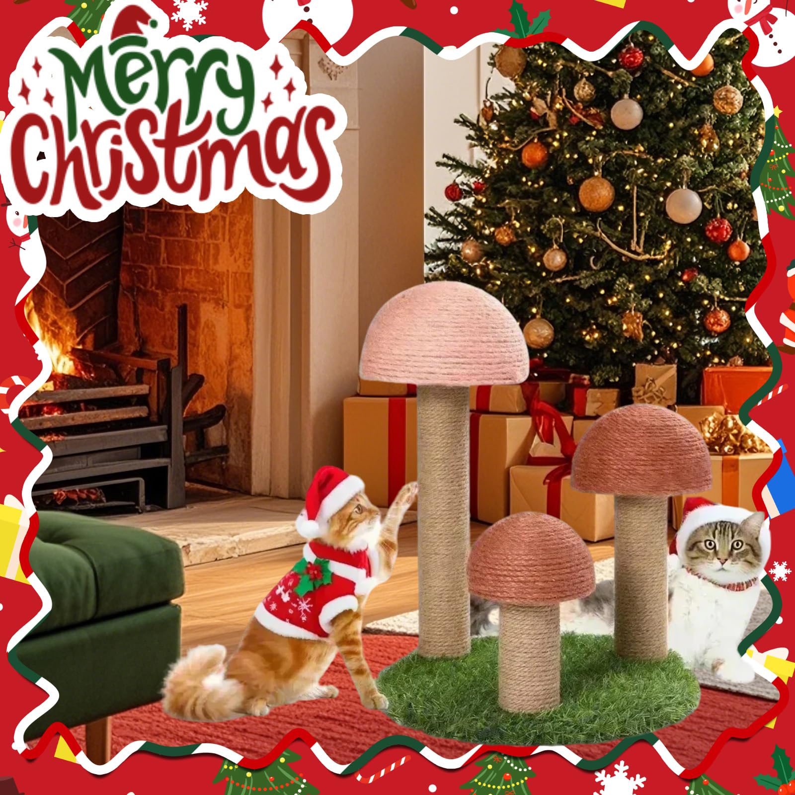 PowerKing Cat Scratching Post, Mushroom Claw Scratching Post for Cat, Natural Sisal Cat Scratchers with 3 Mushroom Pole, Cat Interactive Toys