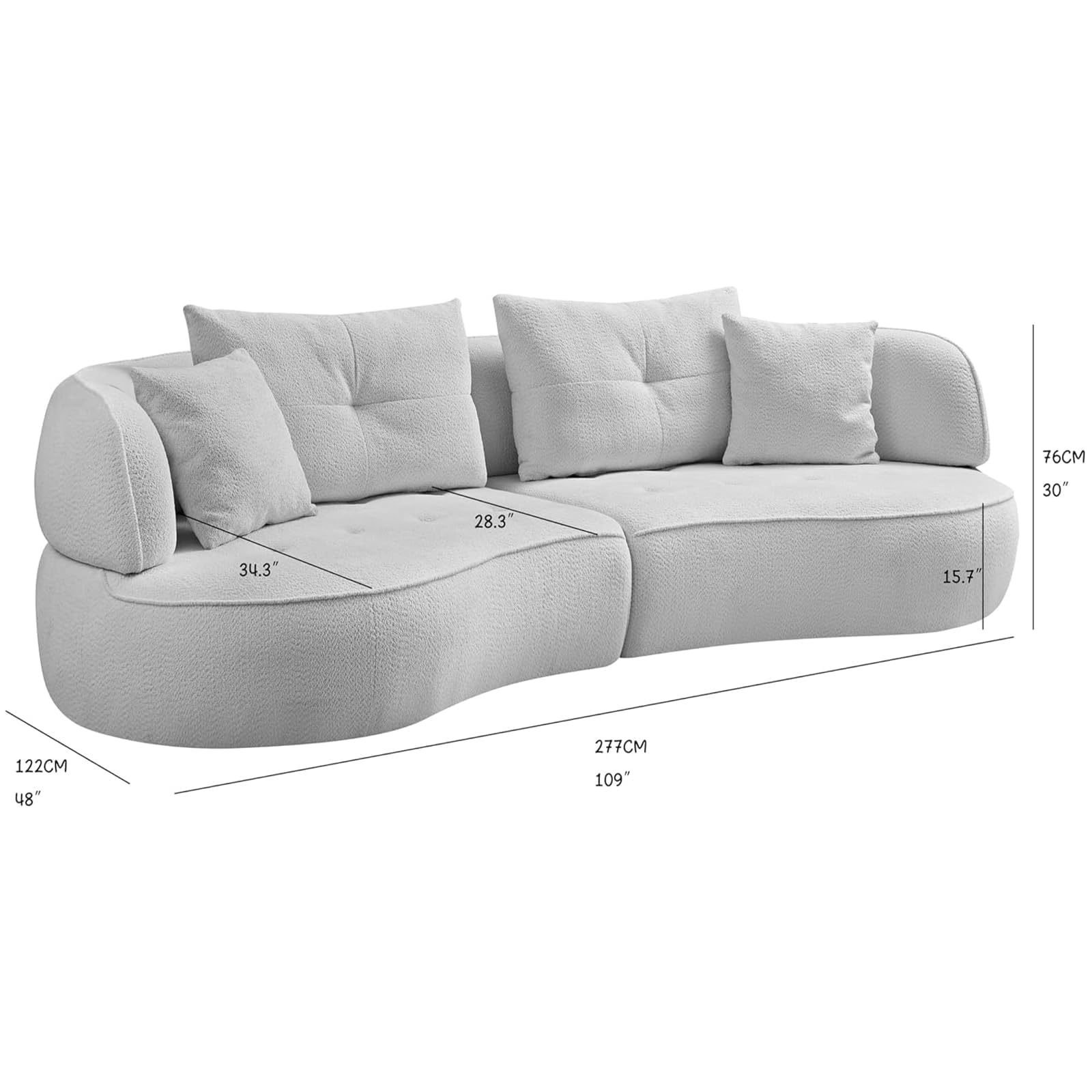 M MEETAKING 109'' Modern Curved Sofa Couch,Upholstery Boucle Sofa Couch with Pillows, Sectional Sofa Couch for Living Room, Bedroom, Dining Room, Den, Office, Guestroom (White)