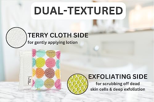 Premium Exfoliating Pad, Scrub, Body Scrubber, Dual-Sided with African Net/Cotton Flannel and Terry Cloth β Bath Shower Sponge-Gets You Clean, Not Just applying Soap β 24 Random Designs (2-Pack)