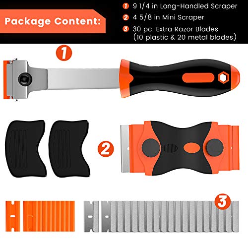Razor Blade Scraper, 2 PCS Razor Scraper Tool for Removing Label, Registration Sticker, Tint, Grease from Windshield, Appliance, Glass (Extra 20 Metal and 10 Plastic Blades)