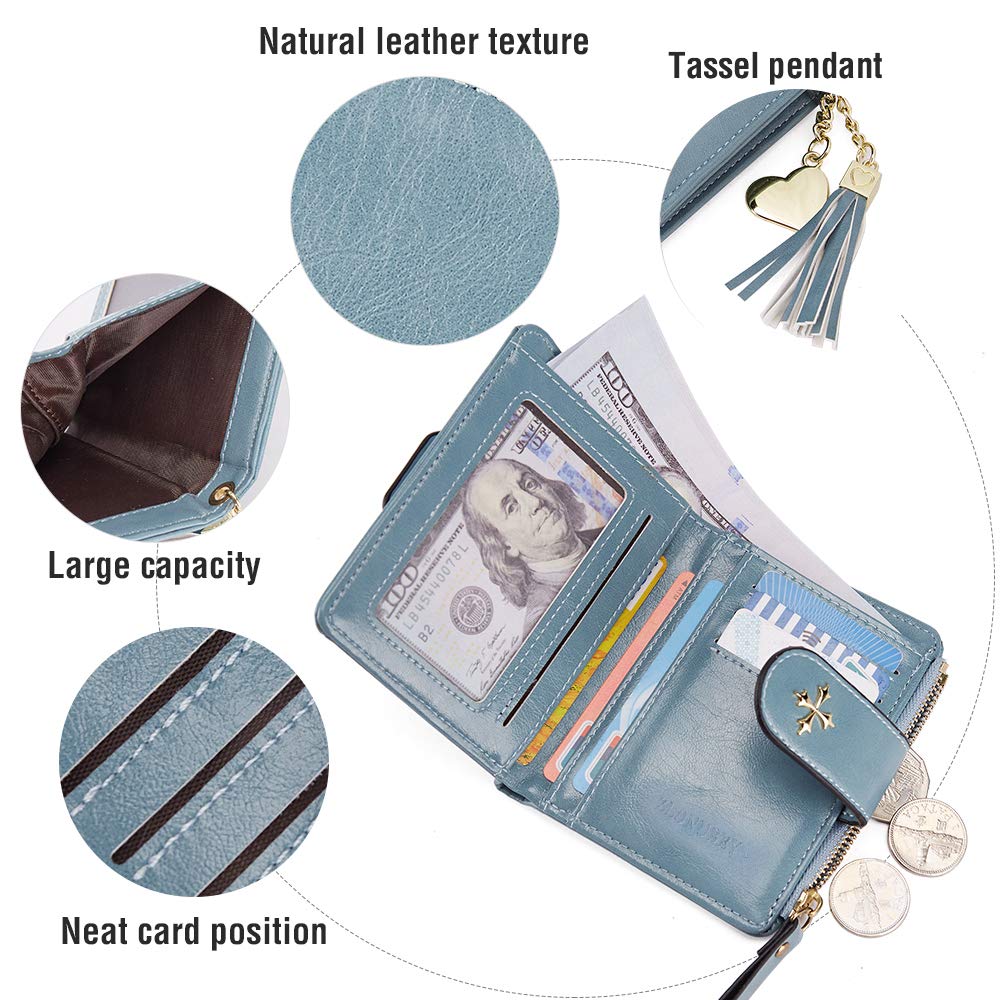 ZLONUBEY Wallet for Women Genuine Leather RFID Blocking Small Women Wallets Bifold Card Case with Zipper Pocket(Blue)