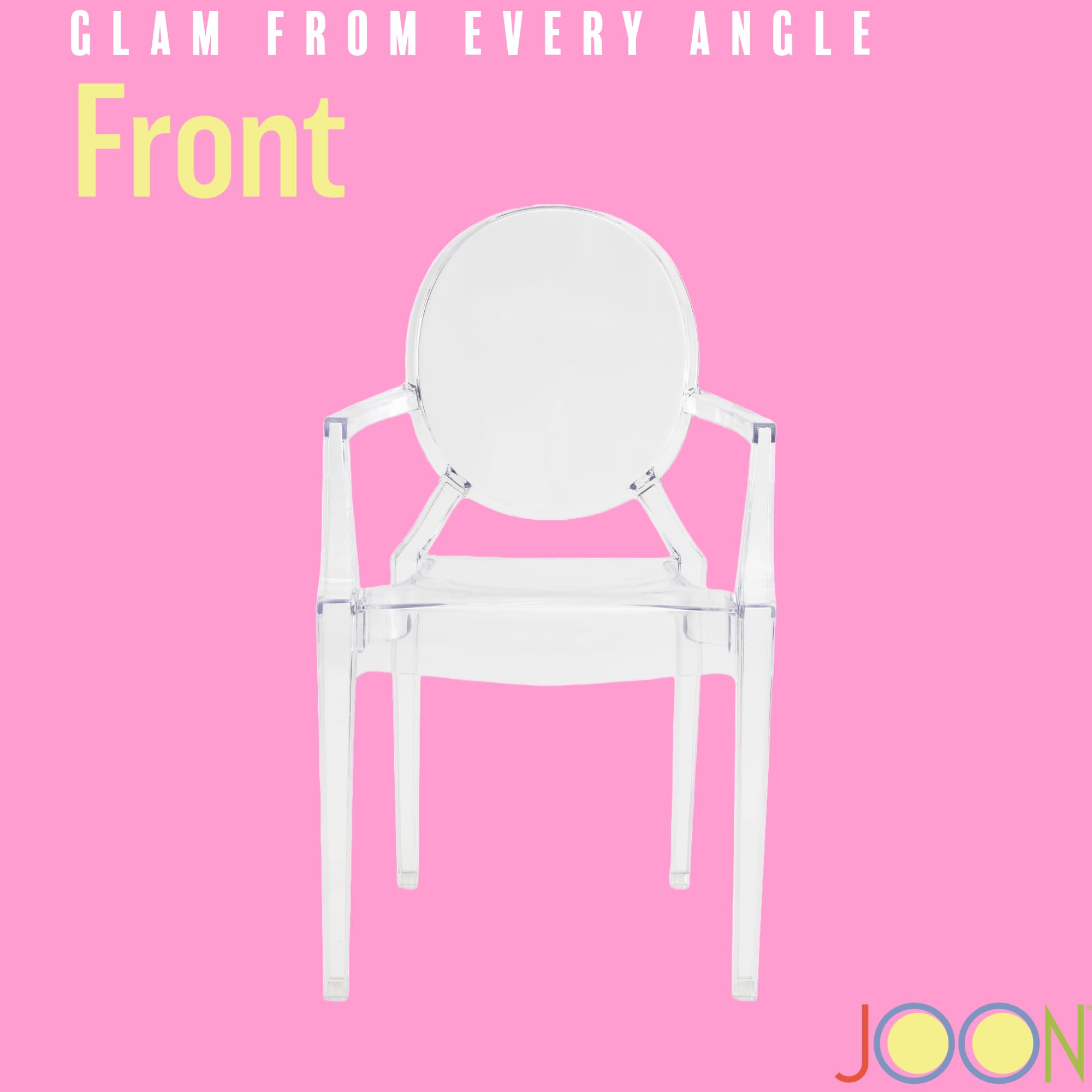 JOON 2 Pack Kids Ghost Chairs with Armrest Transparent, 25x13x14.5 Inches, Polycarbonate Material, 12.75β Seat Height, Stackable, for Toddler Parties, Playroom, Daycare, Home (Transparent Clear)