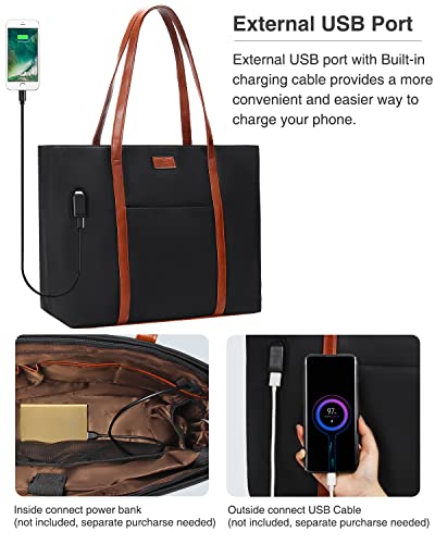 Laptop Tote Bag for Women Teacher Work Office USB Bags Fits 15.6 inches Laptop Lightweight Water Resistant Nylon Tote Bag (Black and Brown Strap)