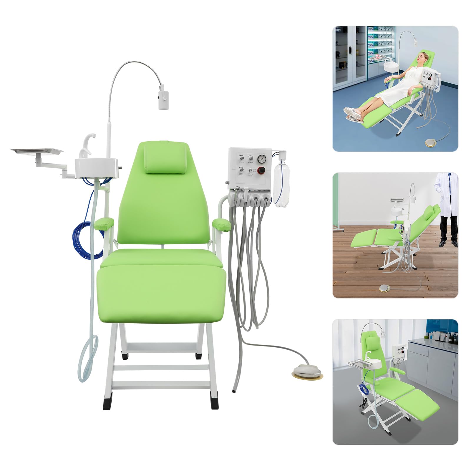 KUMOYOU Portable Folding Den tal Patient Chair, Foldable Freestanding Patient Chairs with 360° Rotating LED Lamp & Tray & Spittoon, Den tal Bed for Hospitals Clinics