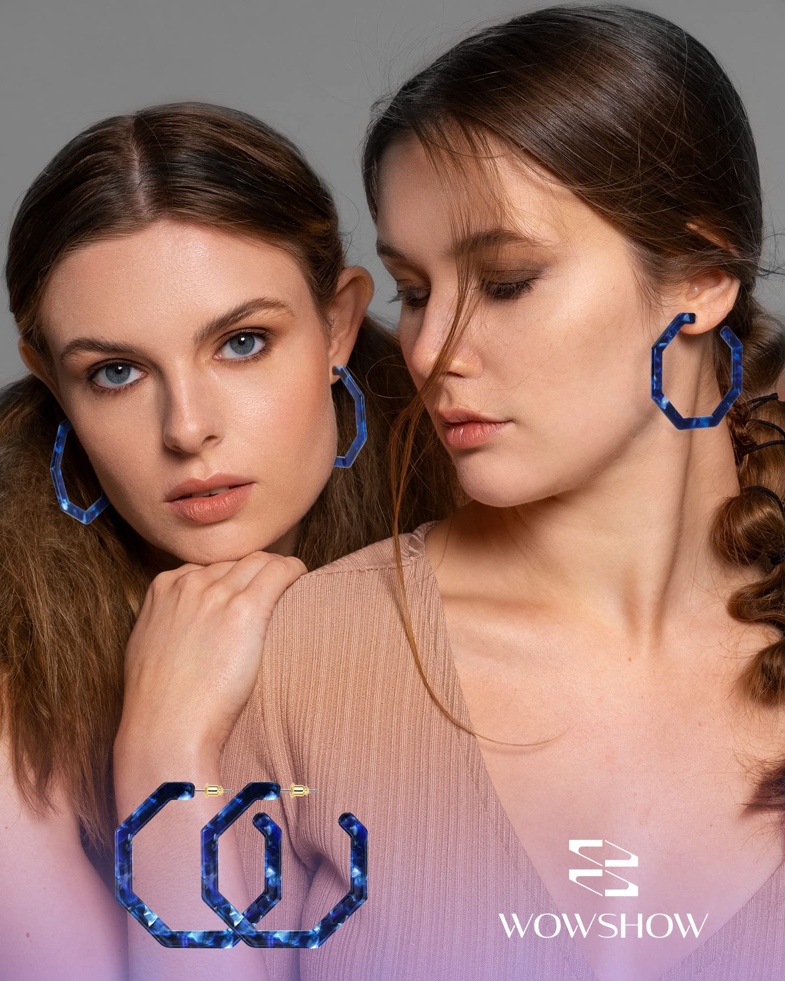 wowshow Acrylic Resin Hoop Earrings for Women Statement Fashion Geometric Octagon Earrings (Blue)