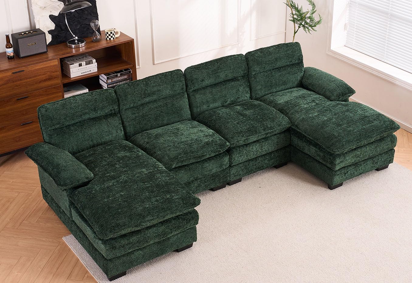 HANLIVES 111.8" Sectional Sofa Couch for Living Room,Modern Chenille Fabric Cloud Couches,6 Seats U-Shaped Sofas with Double Chaise(Green)